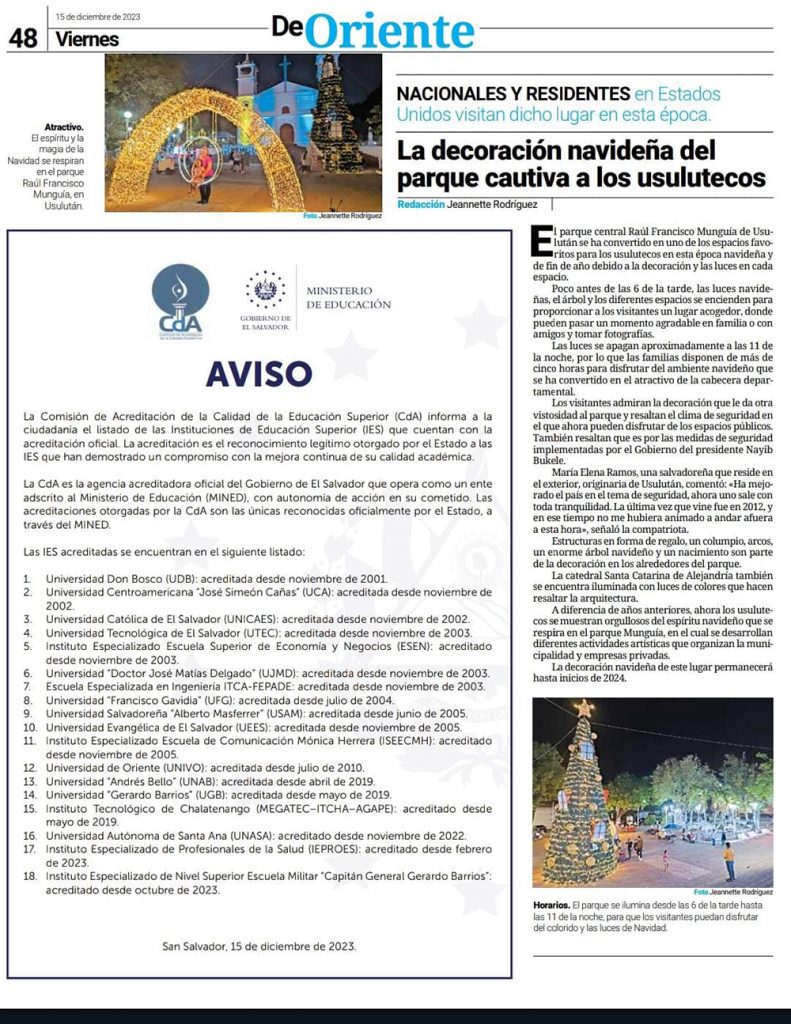 Instituciones de Educación Superior Acreditadas por CdA - Universidad Evangélica de El Salvador